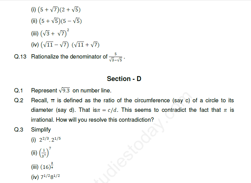CBSE Class 9 Mathematics Number System Assignment Set E